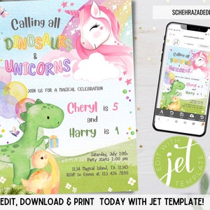 Editable Unicorn and Dinosaur Birthday Invitation, Siblings Dinosaur ...