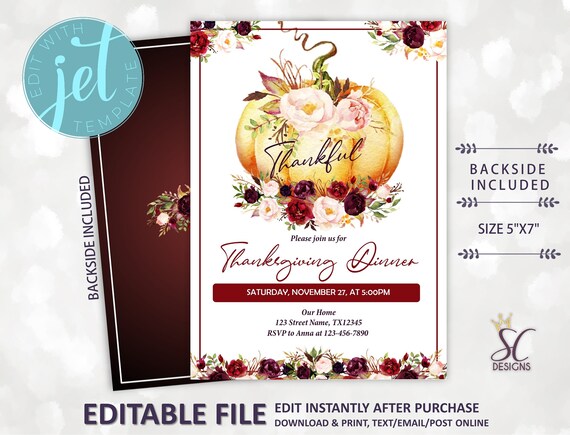 Editable Thanksgiving Dinner Invitation Fall Pumpkin | Etsy