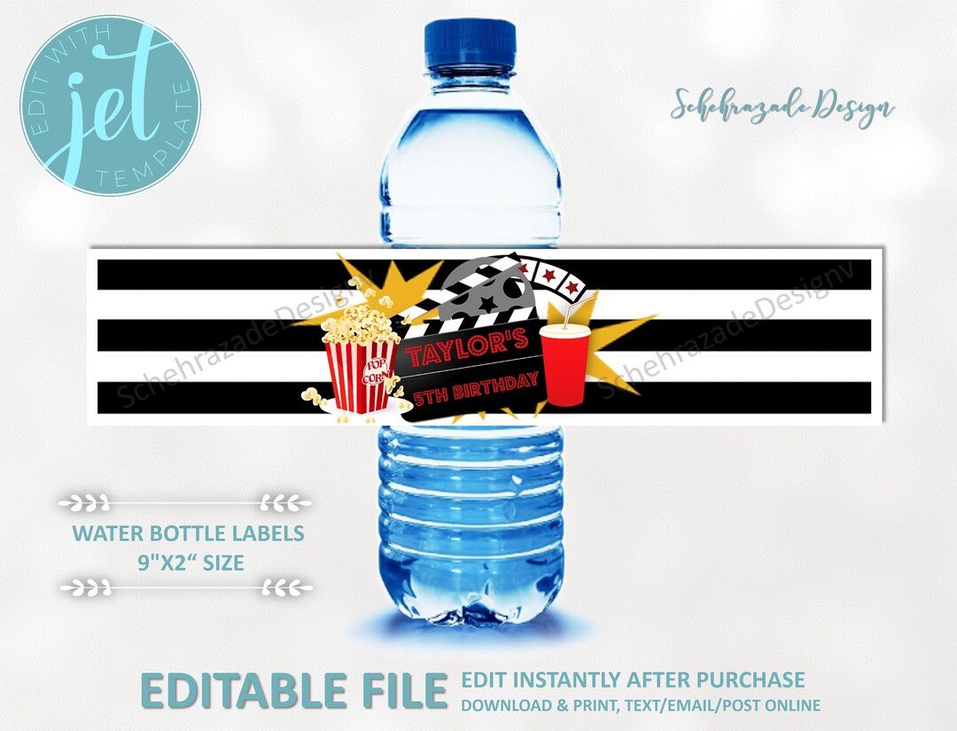 Editable Movie Night Water Bottle Labels, Movie Night Water Bottle ...