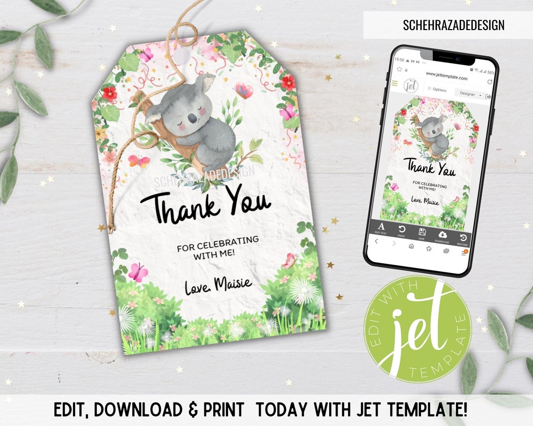 Editable Koala Favor Tags, Koala Thank You Tags, Koala Party Tags ...