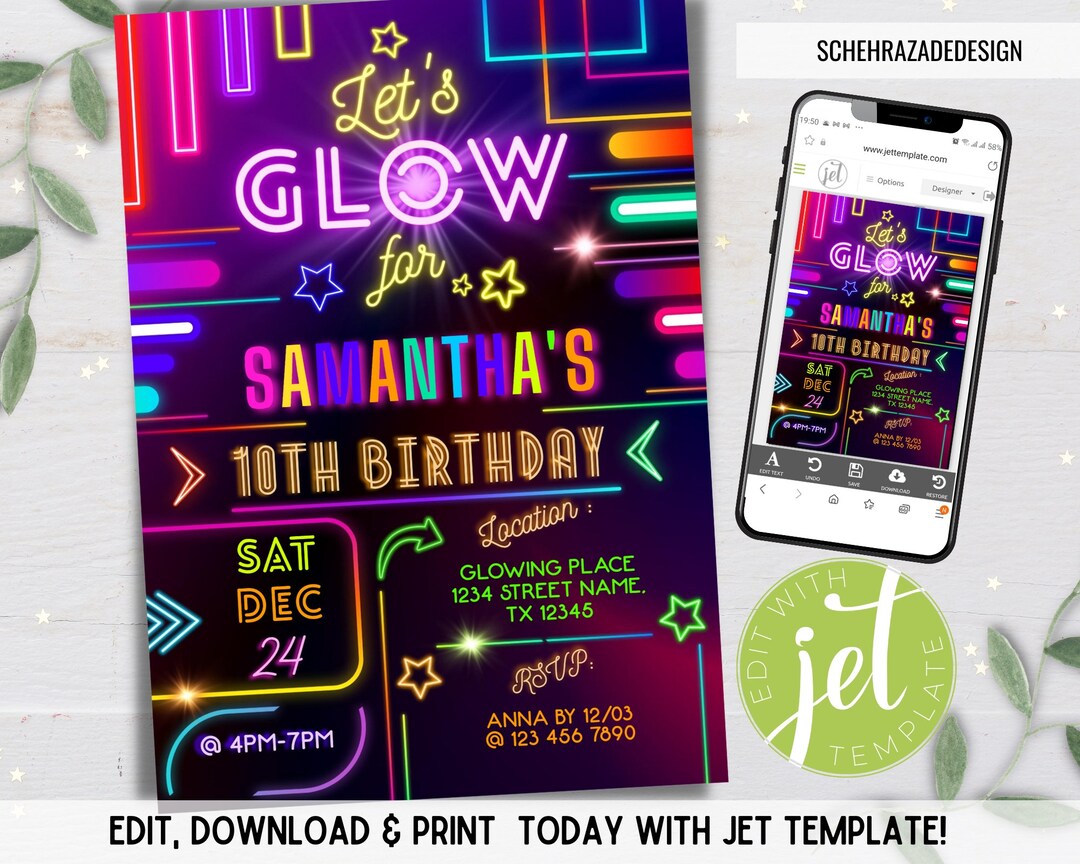 Glow Birthday Invitation, Neon Glow Party Invitation, Glow Laser ...