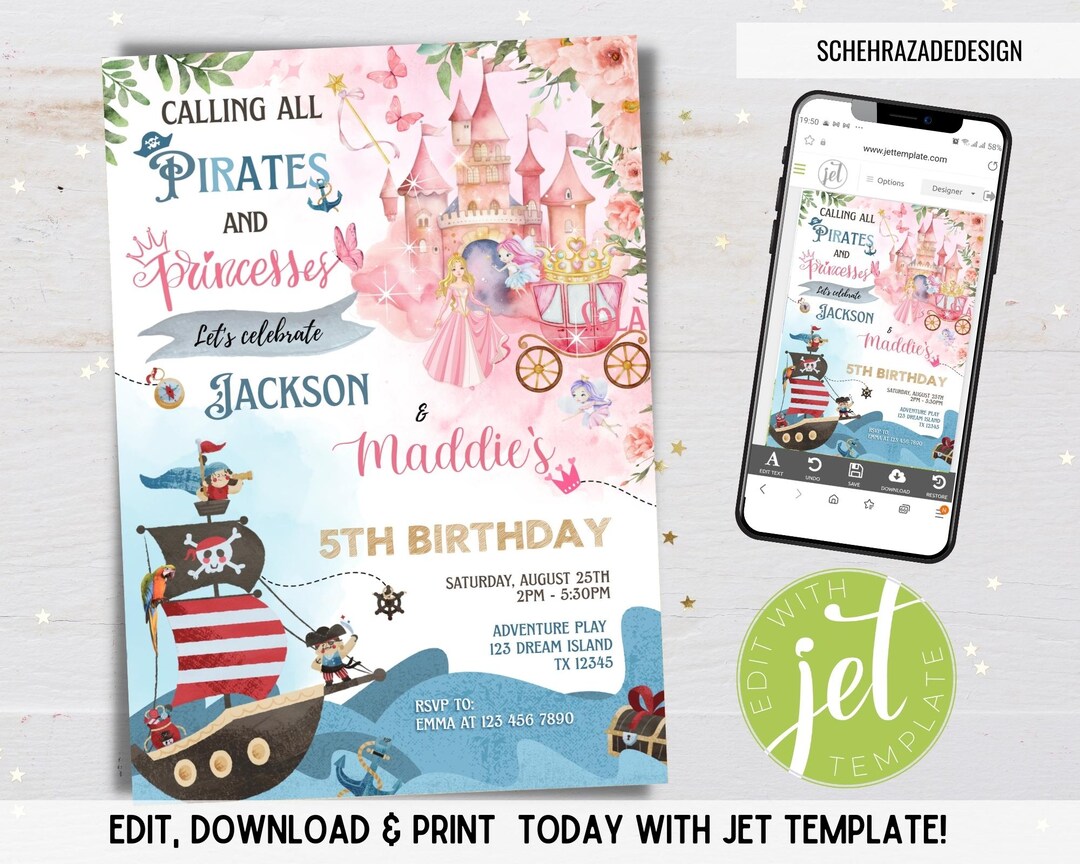 Editable Pirates and Princesses Birthday Invitation, Sibling Pirate and ...