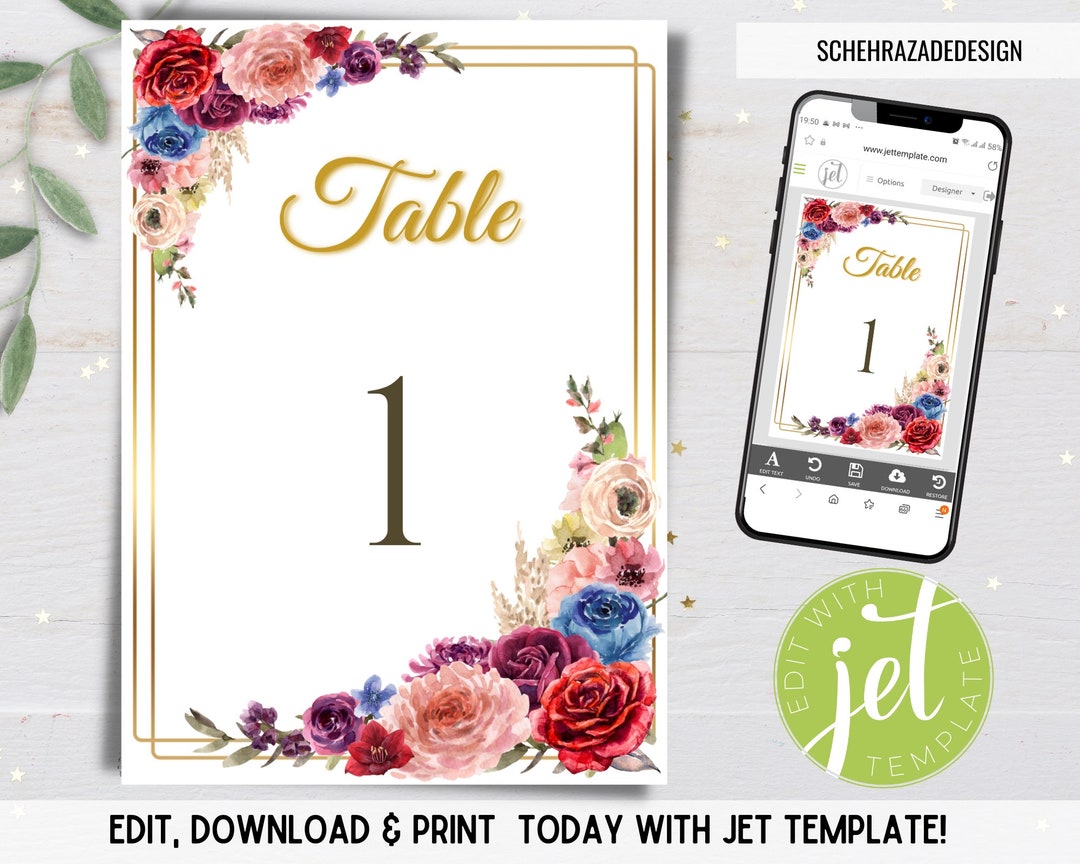 Editable Floral Table Number Card, Flowers Table Number Card, Seating ...