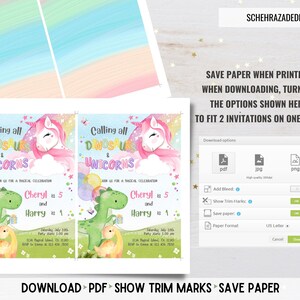 Editable Unicorn and Dinosaur Birthday Invitation, Siblings Dinosaur ...