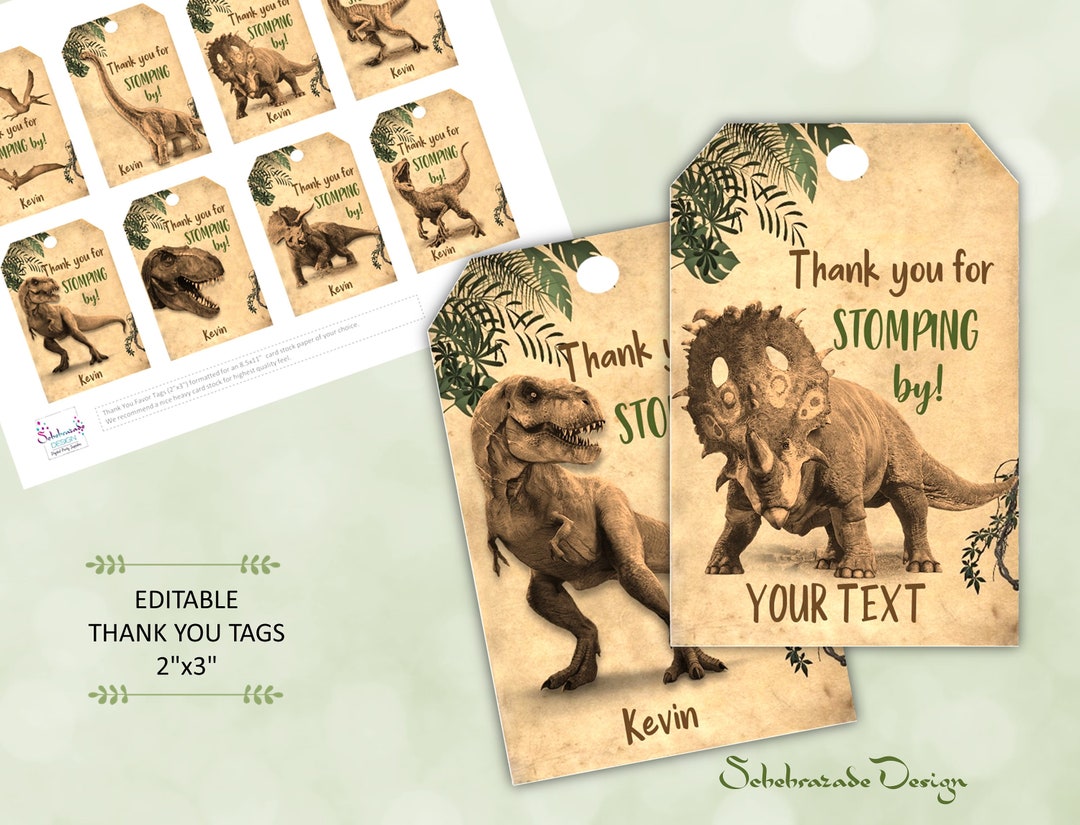 Dinosaur Thank You Tags, Dinosaur Birthday Favor Tags, Dinosaur Party ...
