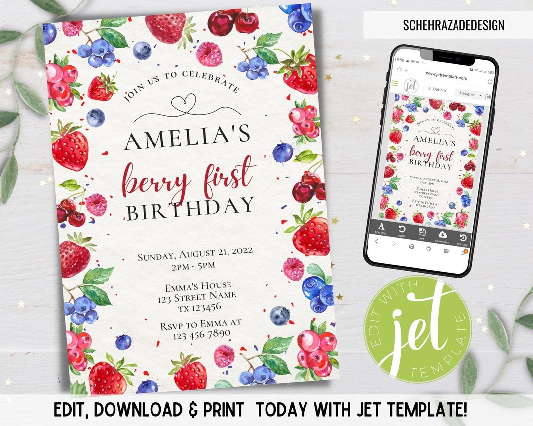 Editable Berry Birthday Invitation, Berry Party Invite, Sweet Berries ...