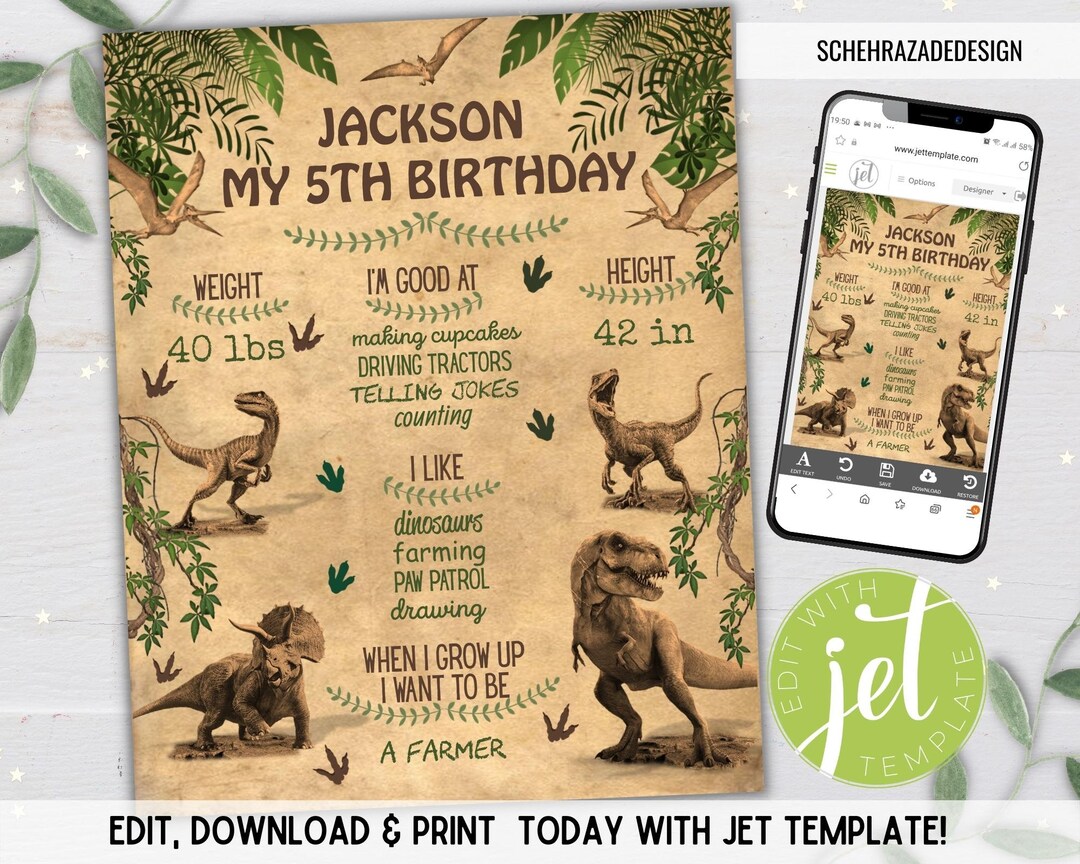 EDITABLE Dinosaur Birthday Sign, Dino Milestone Sign, Dinosaur Poster ...