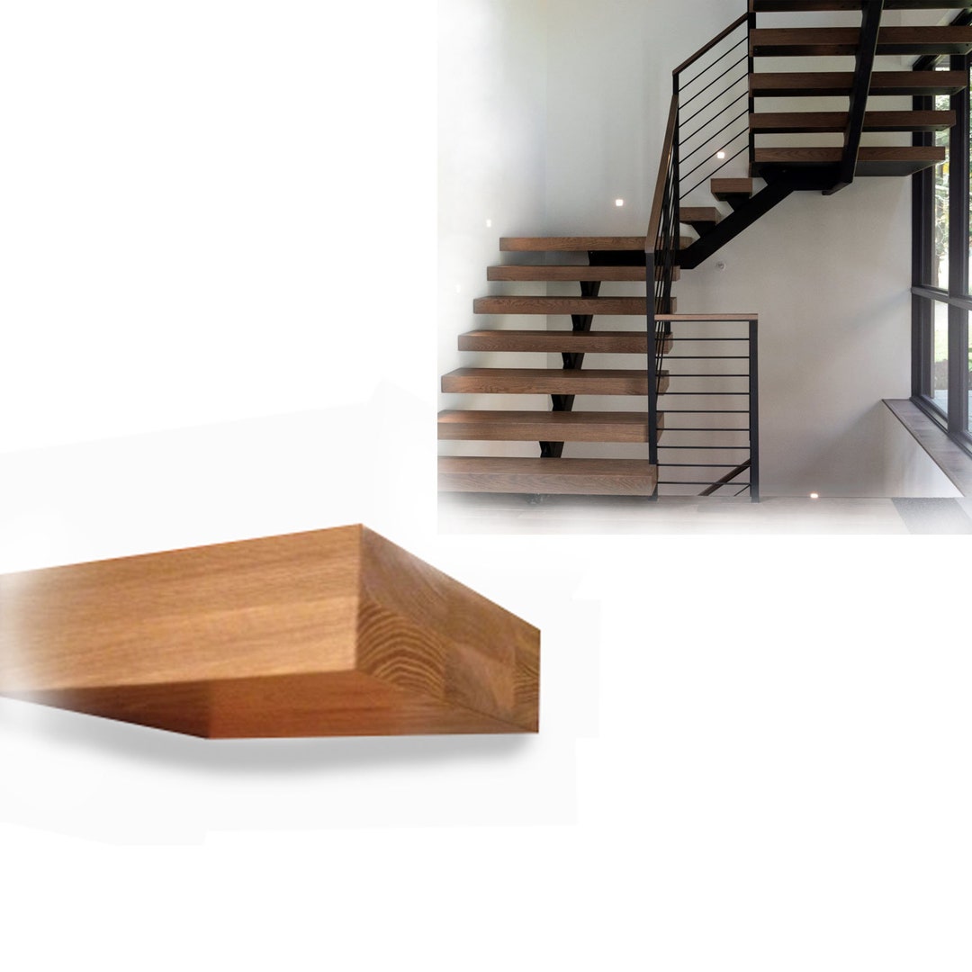 Thick Floating Stair Treads Red and White Oak Monorail Open Riser Style ...