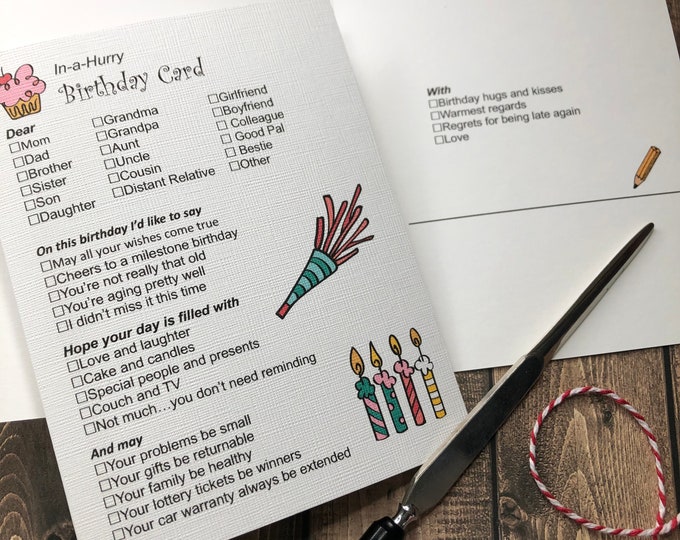 Funny Birthday Card, In-a-hurry Birthday Card, Fill in the Blank, Funny ...