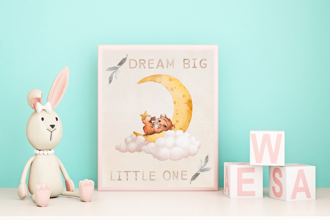 Dream Big Little Tiger on the Moon Pink Version Nursery Art Digital ...