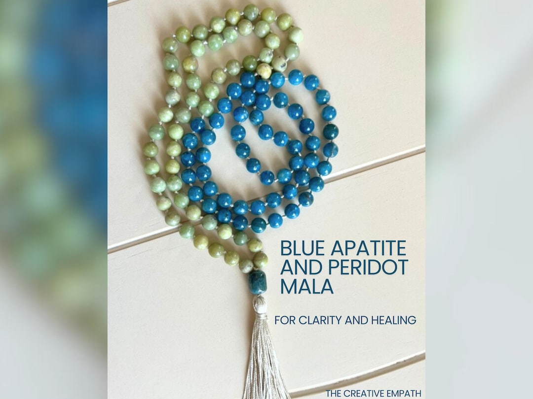 Blue Apatite and Peridot Mala for Clarity and Healing, 108 Bead Hand ...