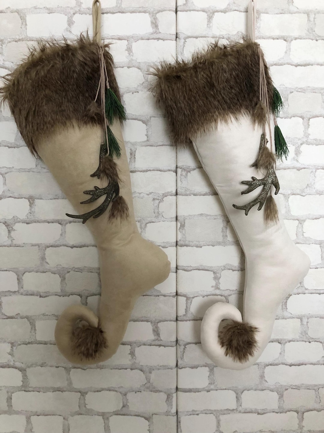 Christmas Stocking, Elf Stocking, Tan or off White Faux Suede, Faux Fur ...