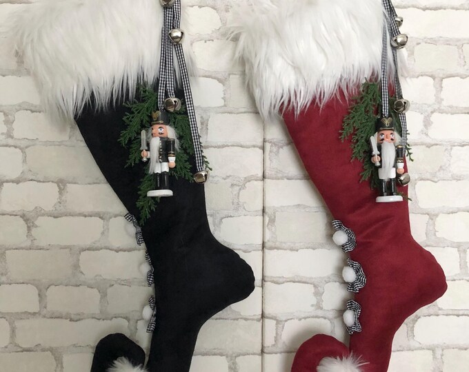 Christmas Stockings, Elf Stocking, Dark Red, Black Faux Suede ...