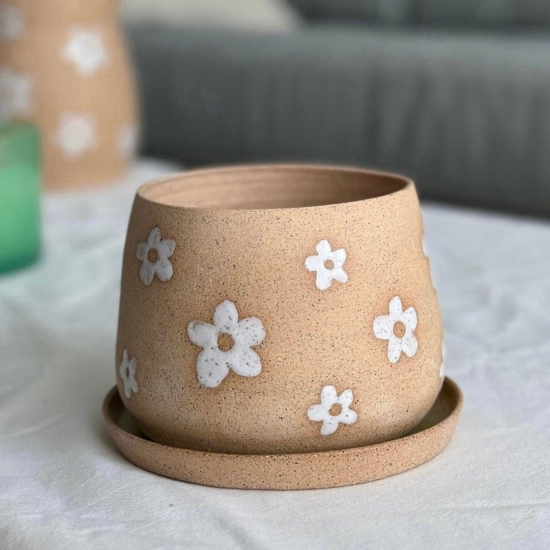 Handmade Ceramic Daisy Planter: 4-inch Floral Plant Pot, Optional ...