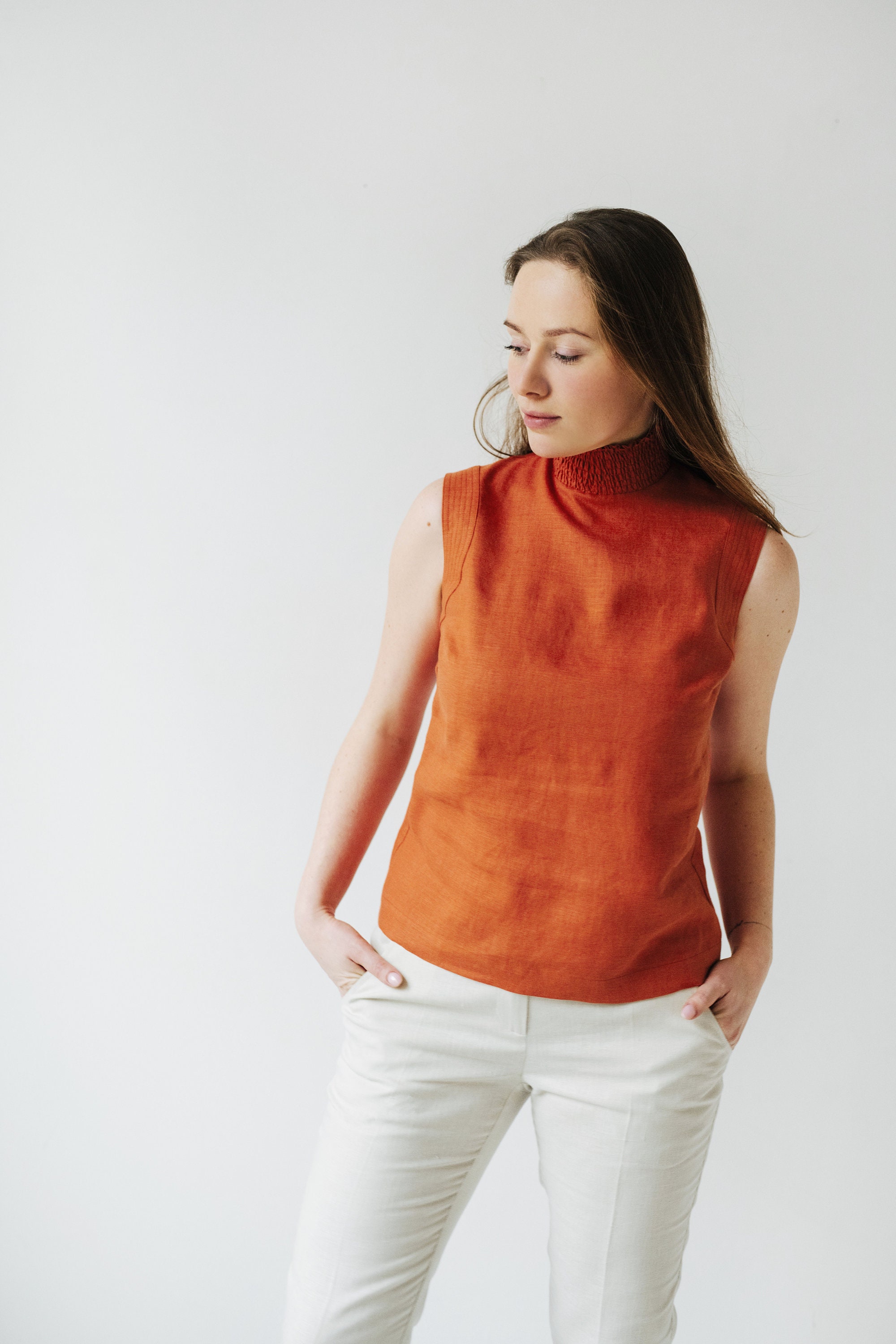 Linen Terracotta Top/ Turtleneck Top for Women/ High Collar - Etsy
