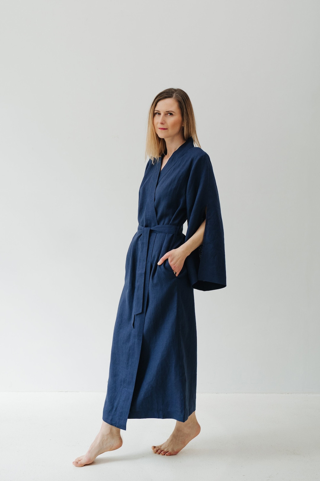 Long Linen Kimono Robe for Women - Blue Linen Dressing Gown - Bathrobe ...