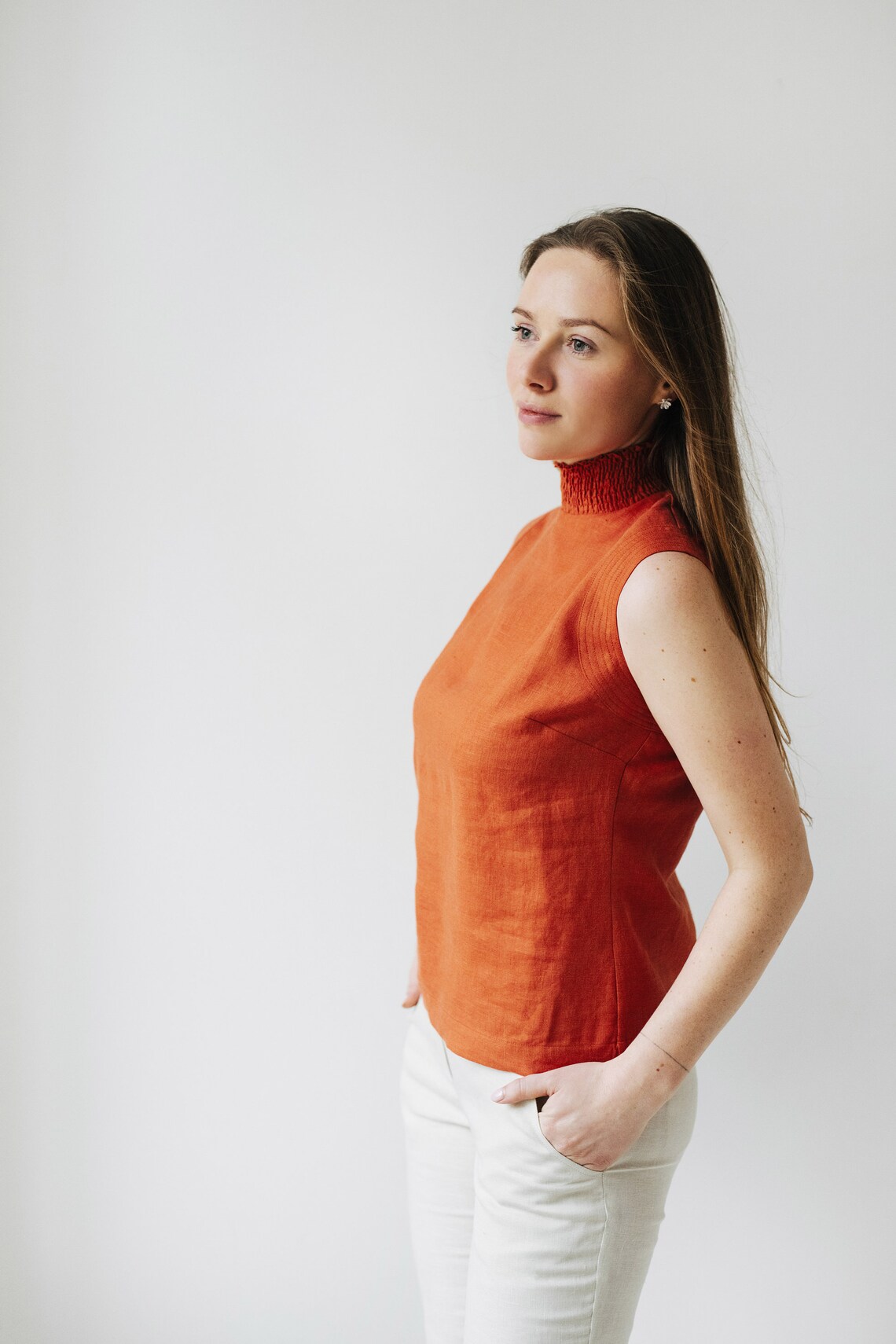 Linen Terracotta Top/ Turtleneck Top for Women/ High Collar - Etsy