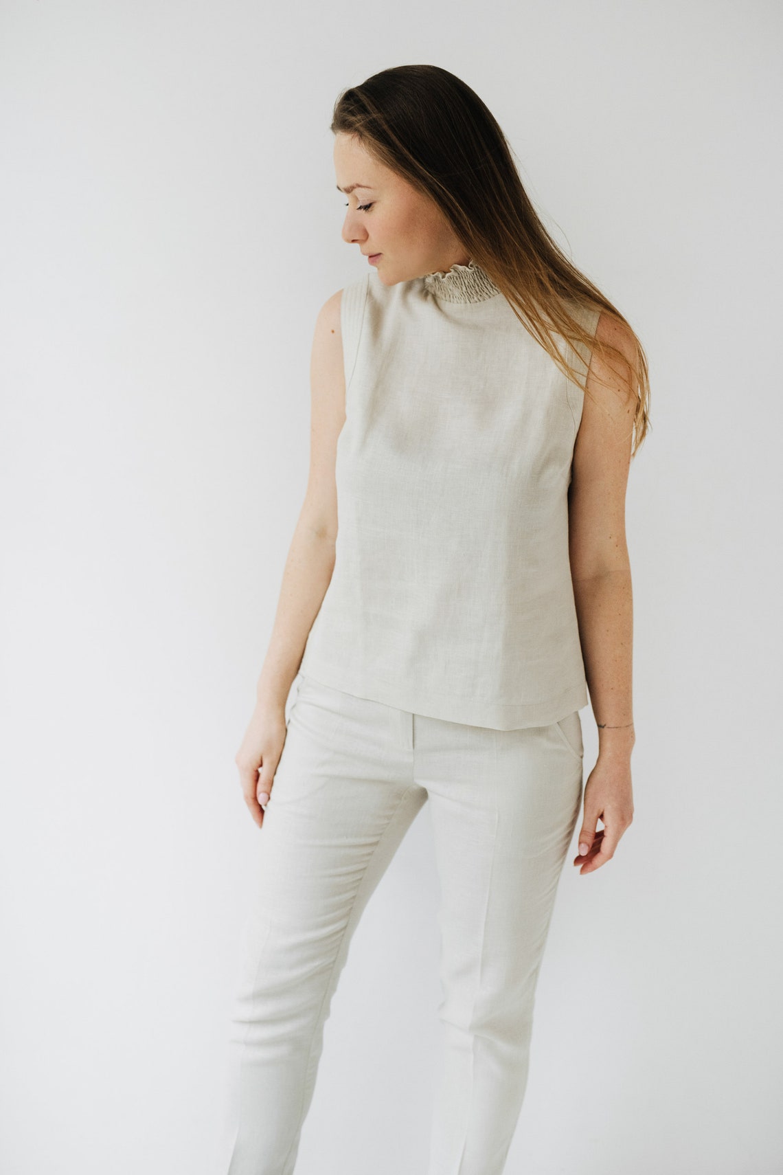 Linen Turtleneck Top/ Fitted Linen High Collar Top/ Mock Neck - Etsy