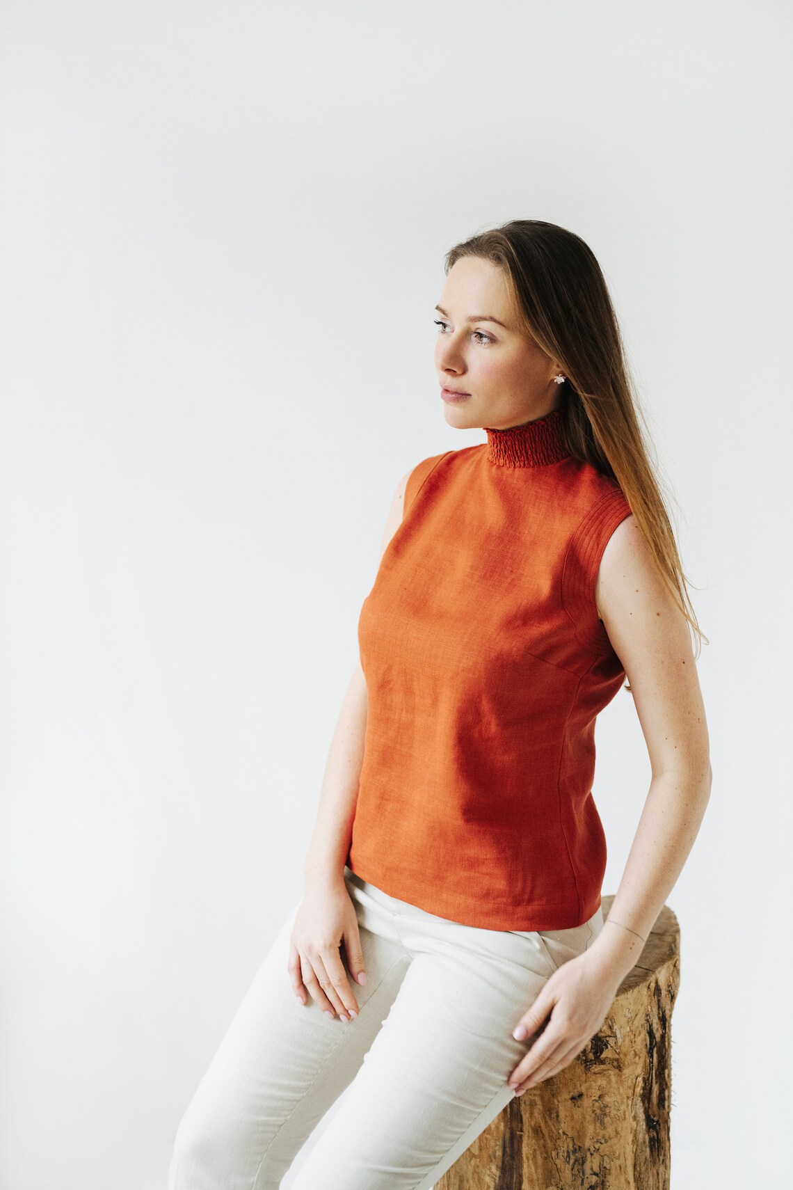 Linen Terracotta Top/ Turtleneck Top for Women/ High Collar - Etsy