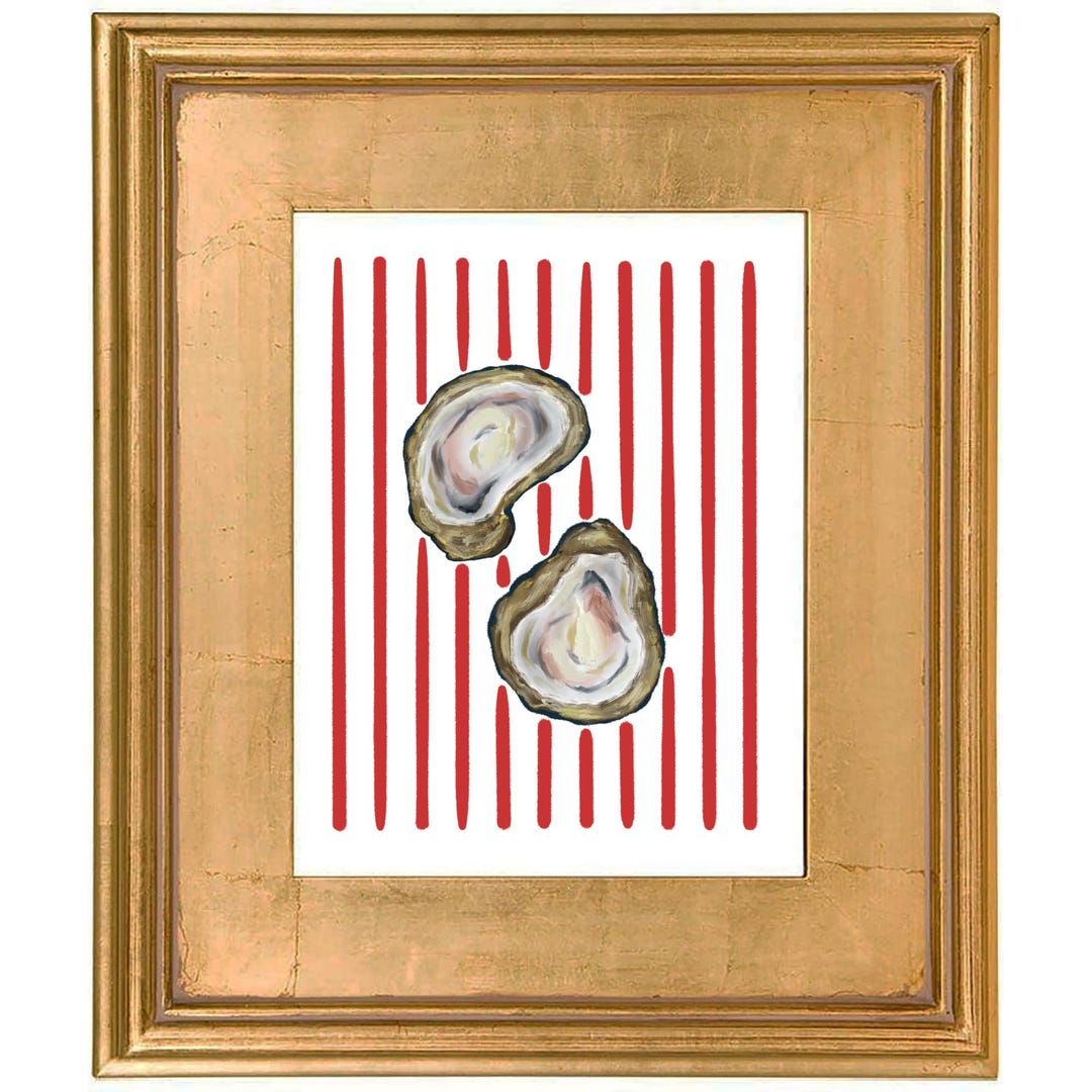 Oyster Shells Coastal Art Print: Red Stripes, Beach House Decor ...
