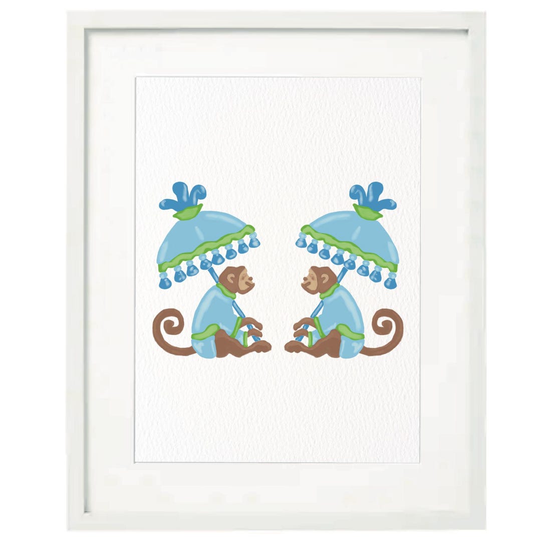 Monkeys With Umbrellas Watercolor Art Print: Preppy Green & Blue ...
