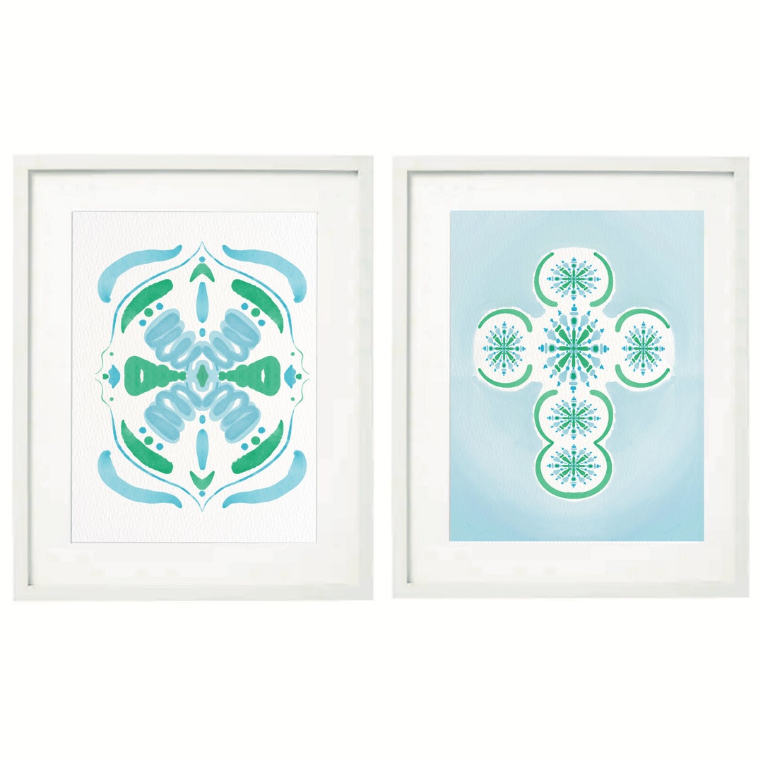Set of Two Chinoiserie Blue and Green Cross Design Printable Art ~ Wall ...