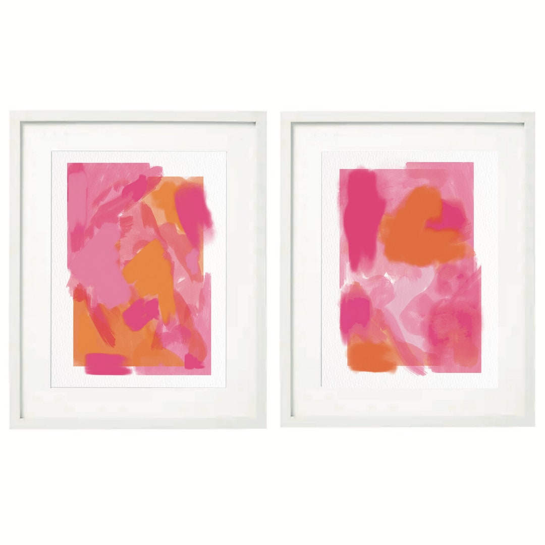 Pink and Orange Preppy Watercolor Brush Stroke Abstract Art Piece Set ...