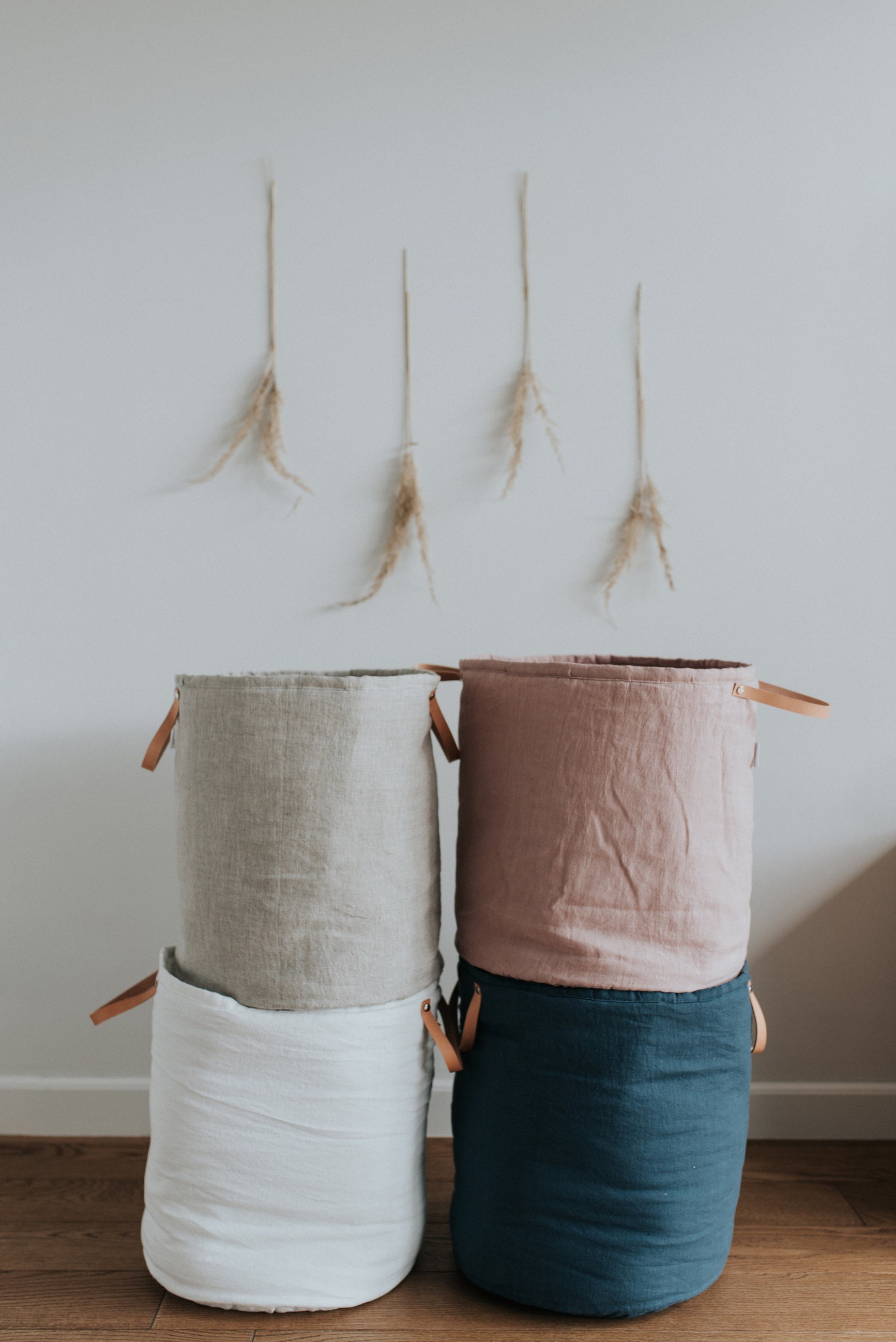 Linen Basket With Leather Handles/ Linen Storage Basket/ Linen Fabric ...
