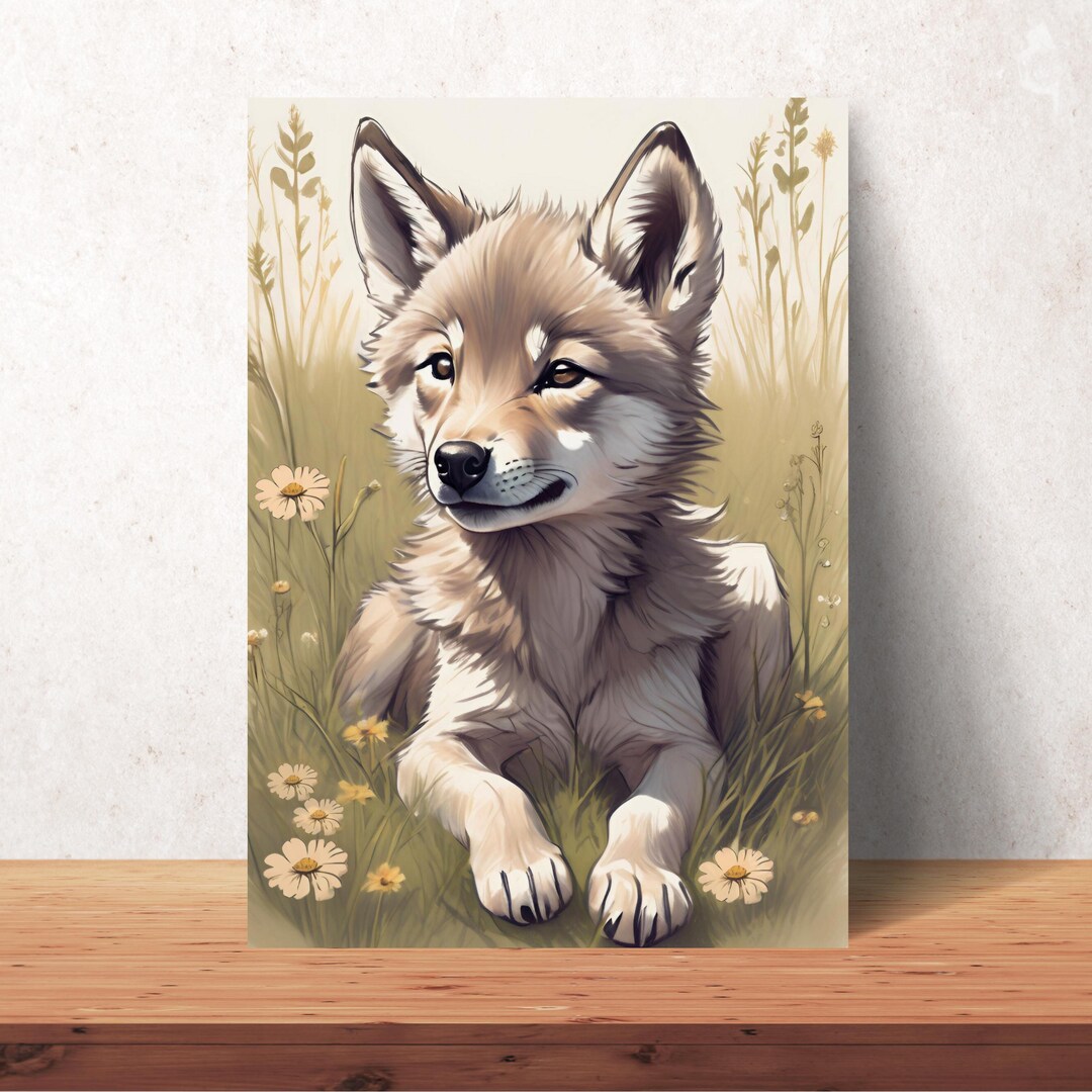 A4 Wolf Artwork - Printable A4 Poster With A Baby Wolf in the Meadow ...