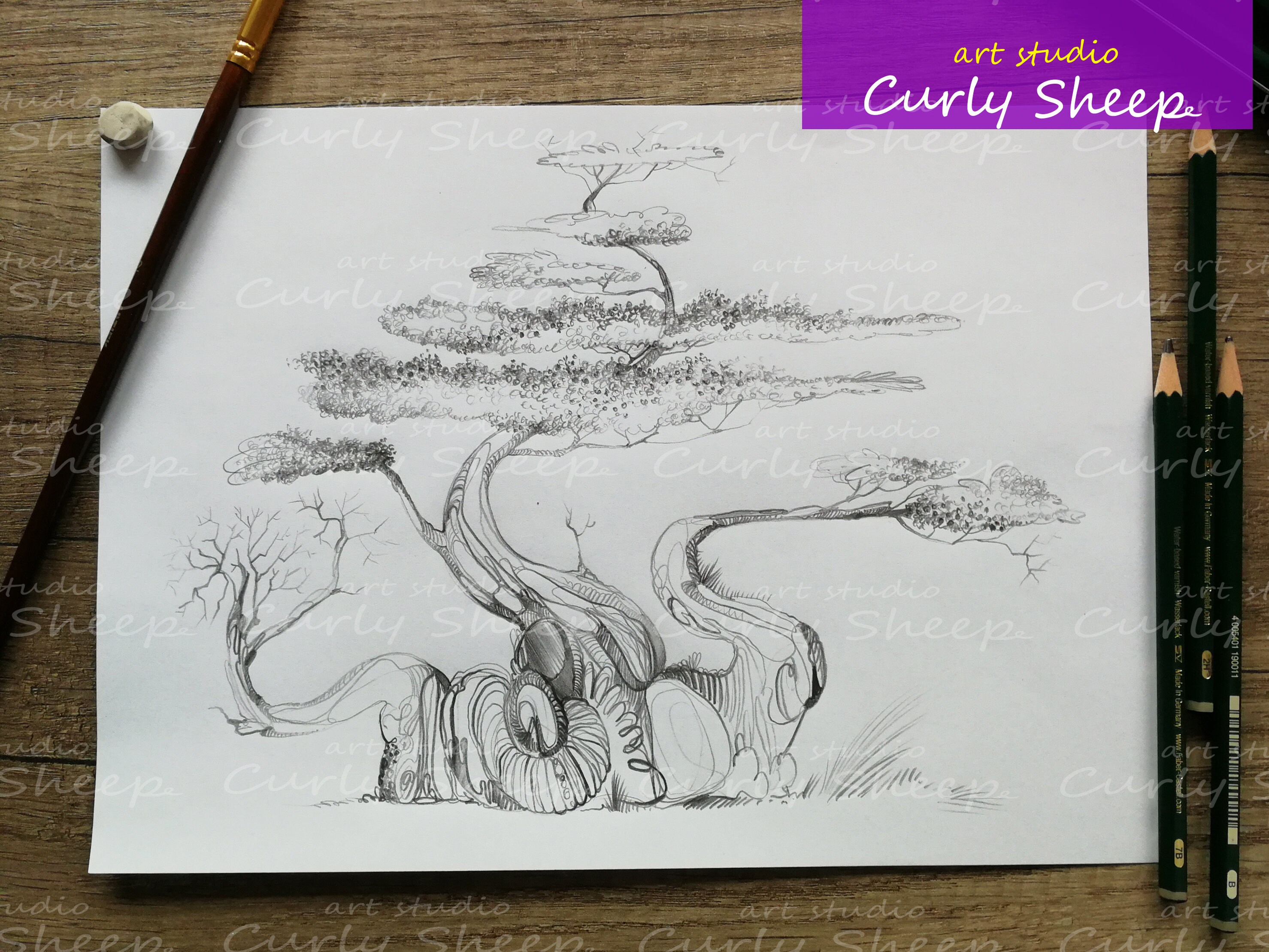 Tree Pencil Drawing A4, Huge Tree Drawing, Big Tree Drawing Original ...