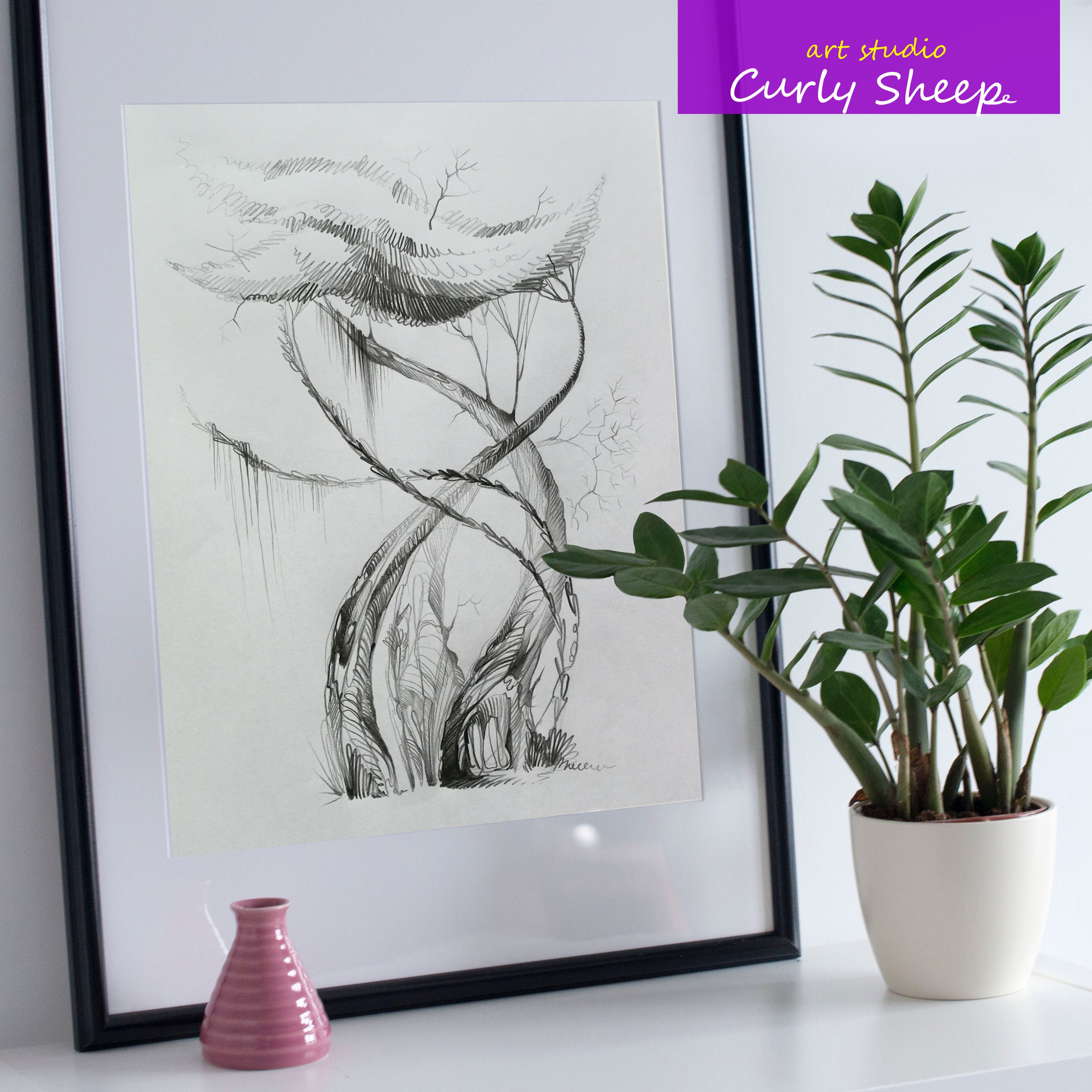 Tree Pencil Drawing A4, Tropical Tree Drawing, Pencil Sketch, Tree ...