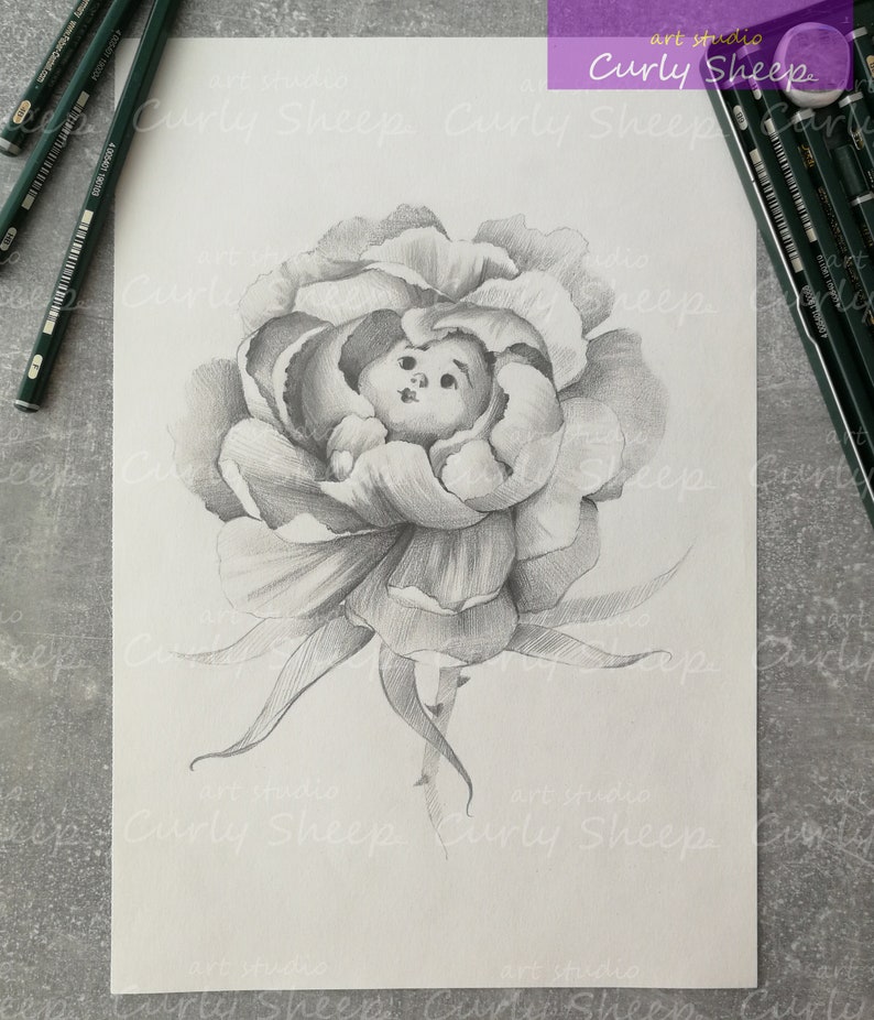 Flower Face Pencil Drawing A4 Peony Drawing Flowers Pencil | Etsy