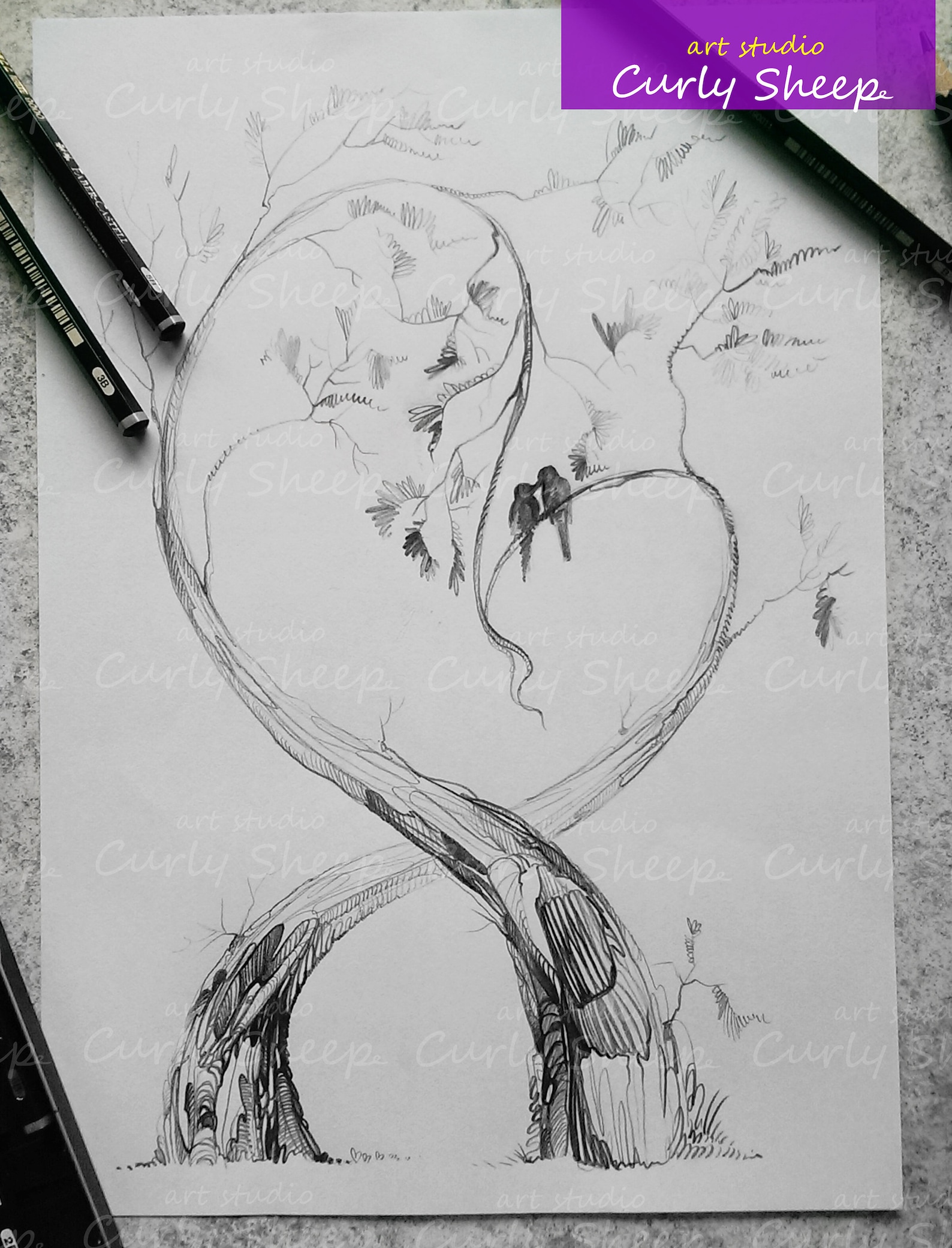 Love Tree Heart - Pencil Original A4 Drawing | Tree Pencil Sketch ...