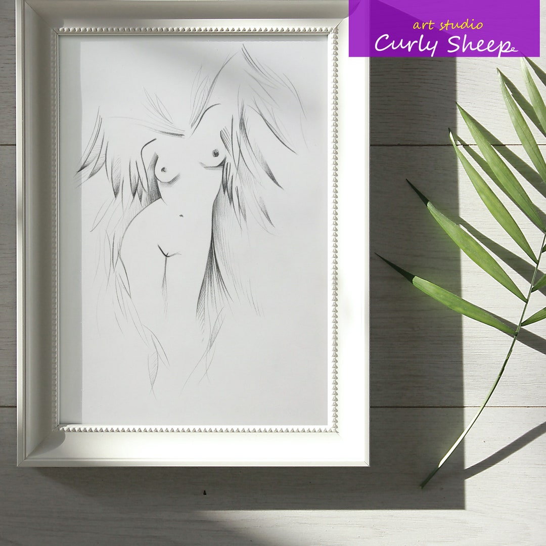 Naked Woman Angel Pencil Drawing A4 Pencil Sketch Nudeart Sketch