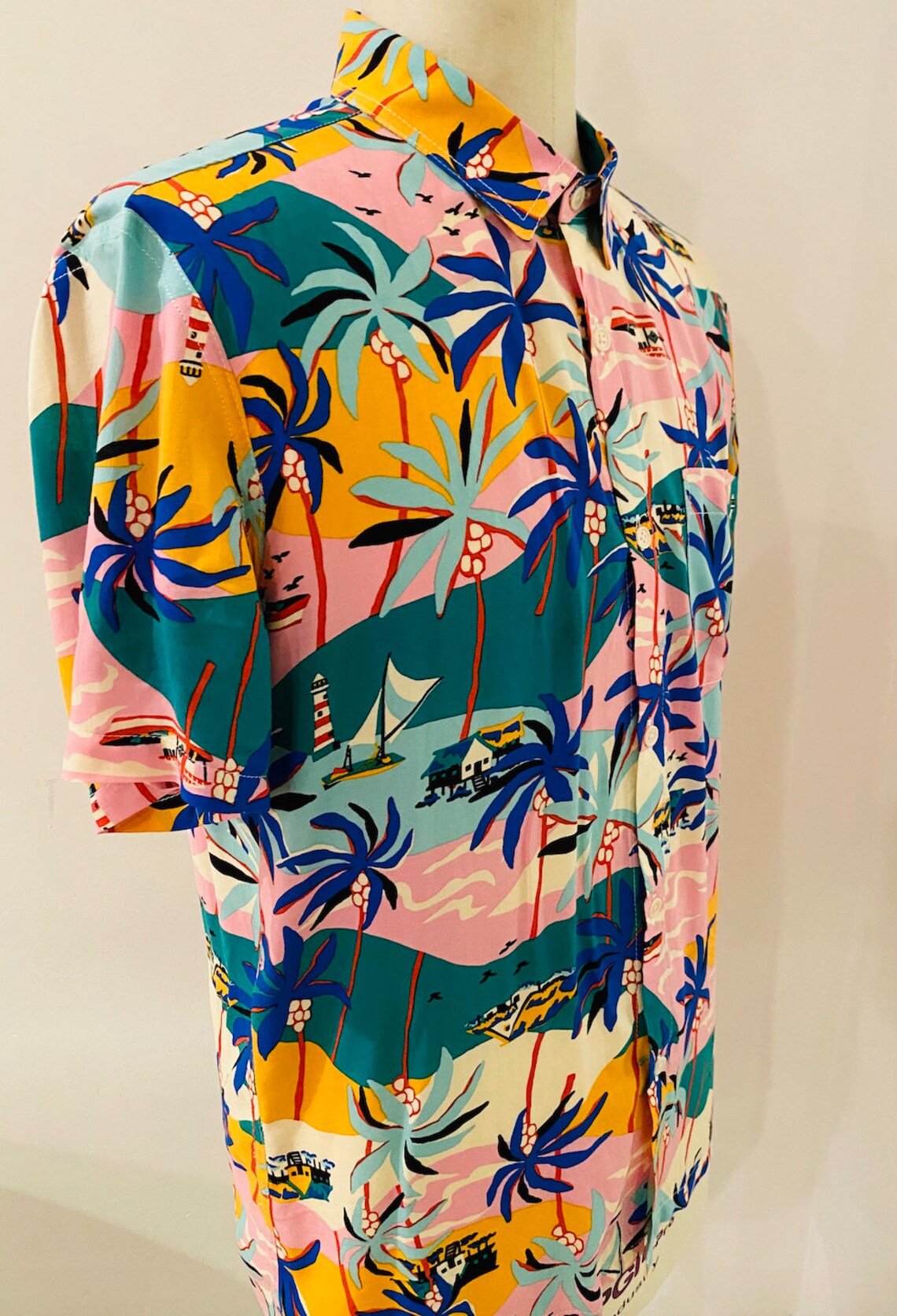 Retro Tropical Print Rayon Voile Short Sleeve Button up Shirt | Etsy