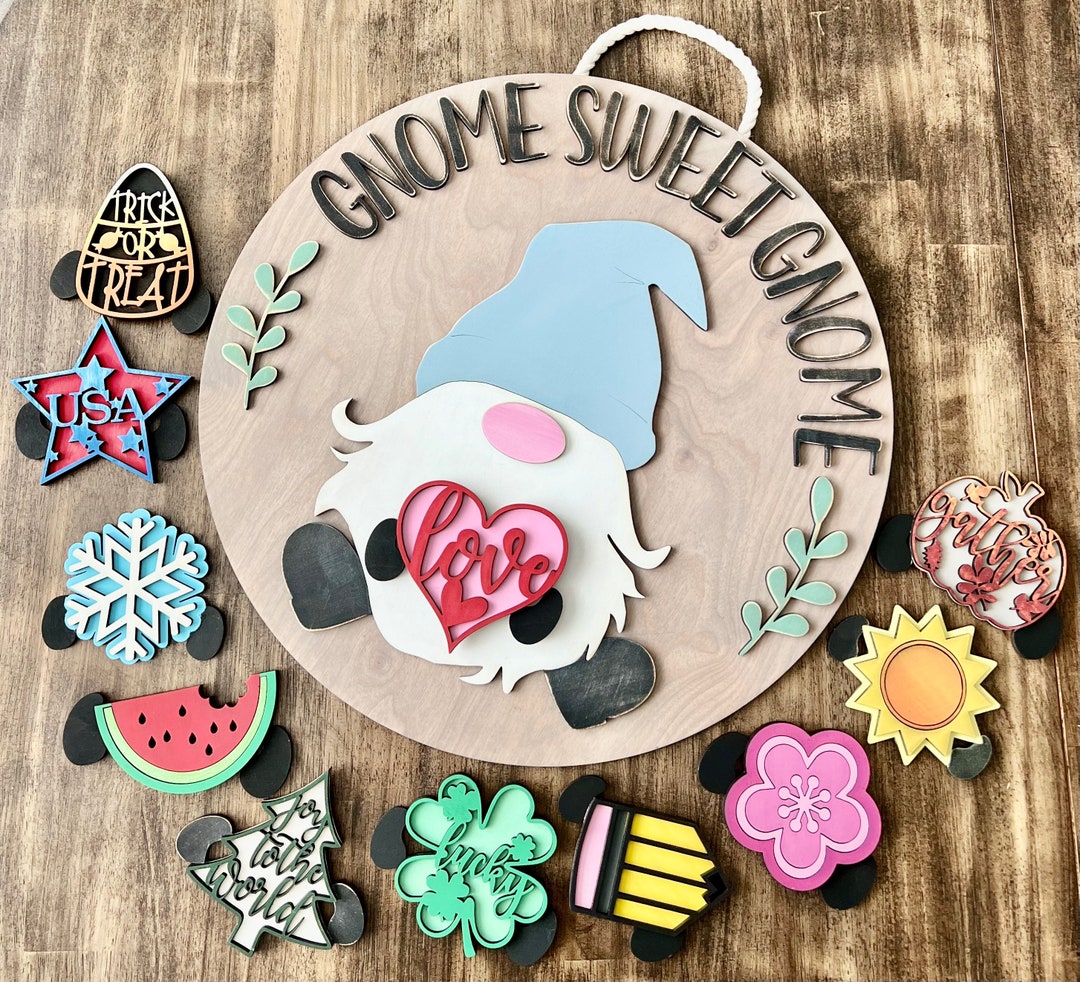 Gnome Sweet Gnome Interchangeable Door Round, Wooden Gnome Sign ...