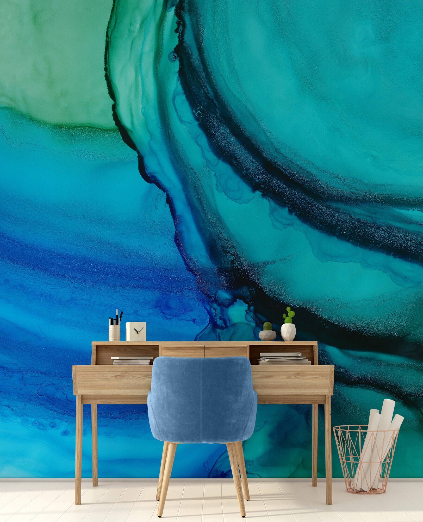 Blue-green Watercolor Wallpaper, Abstraction, Wall Mural, Removable ...