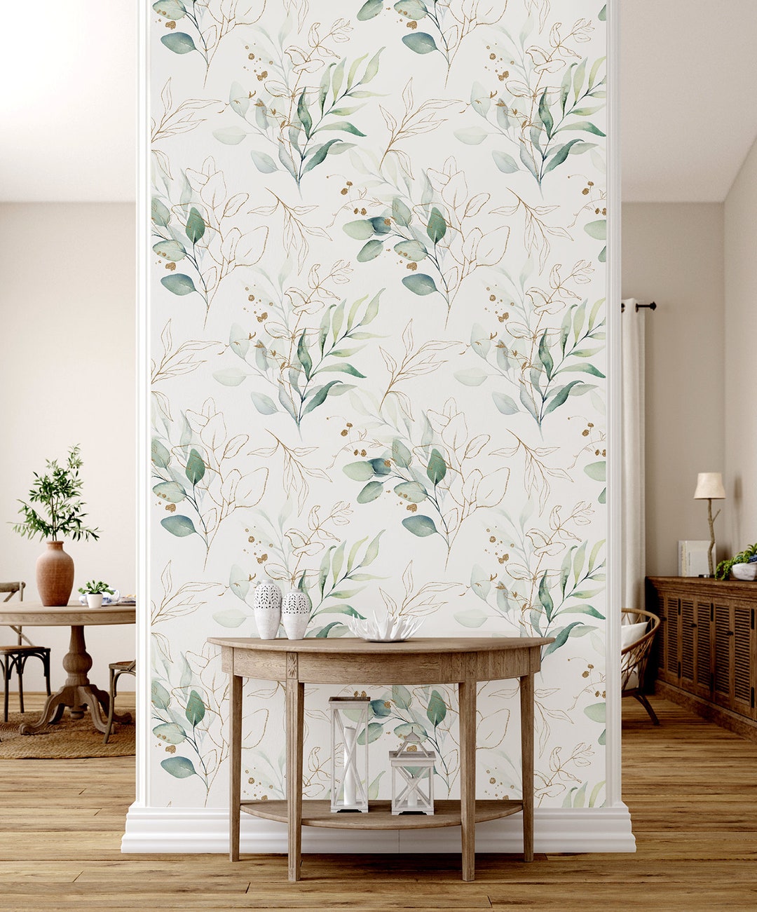 Beautiful Matte Light Green Wallpaper With Watercolor Leaves, Wall ...