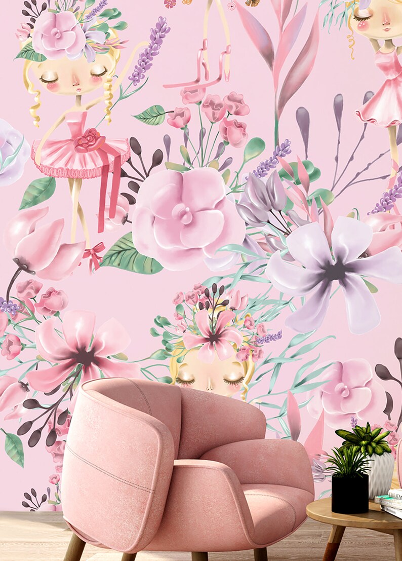 Pink Wallpaper for Kids With Flowers and Ballerina, Floral Wall Mural ...