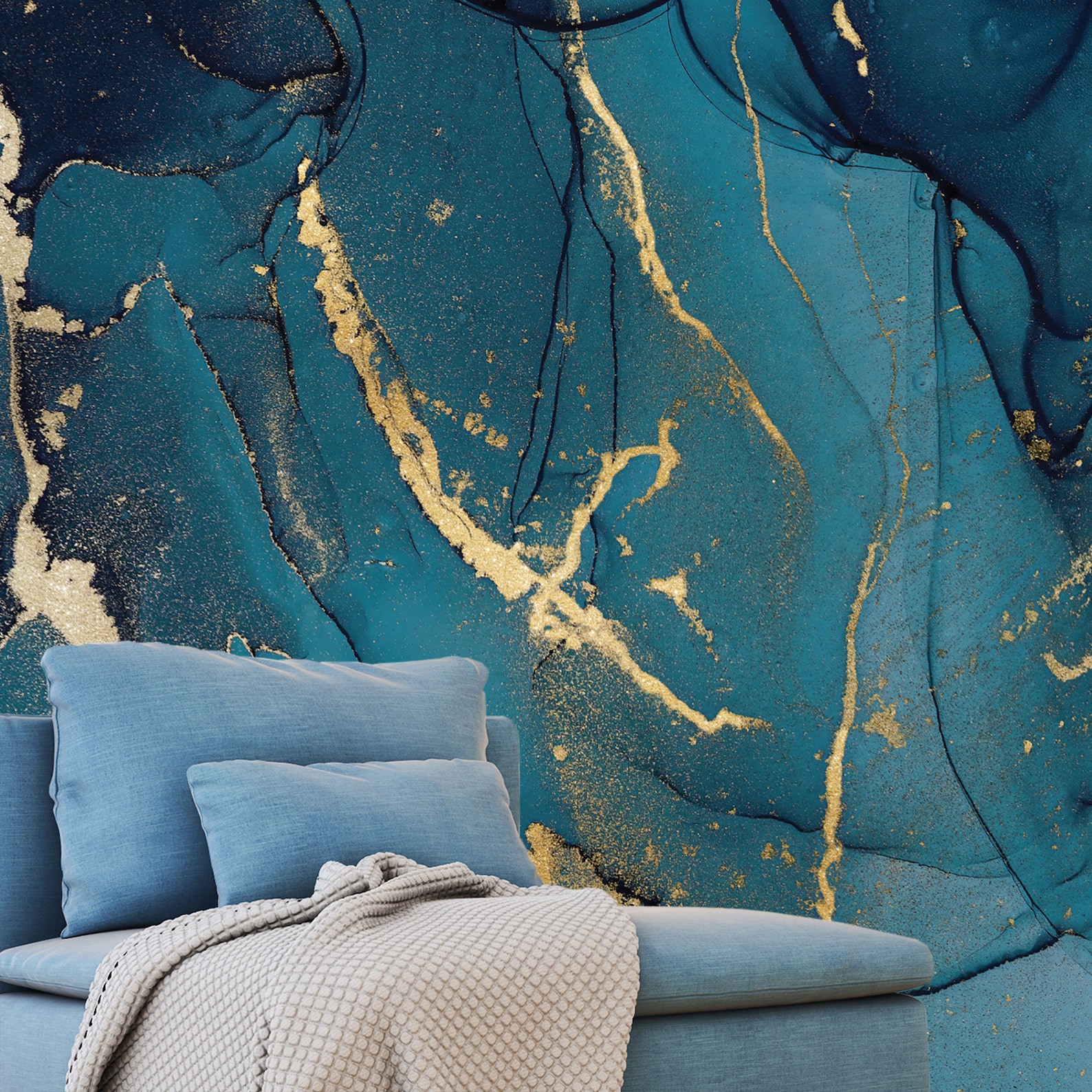 Watercolor Blue Marble Wallpaper Abstract Turquoise and Gold - Etsy