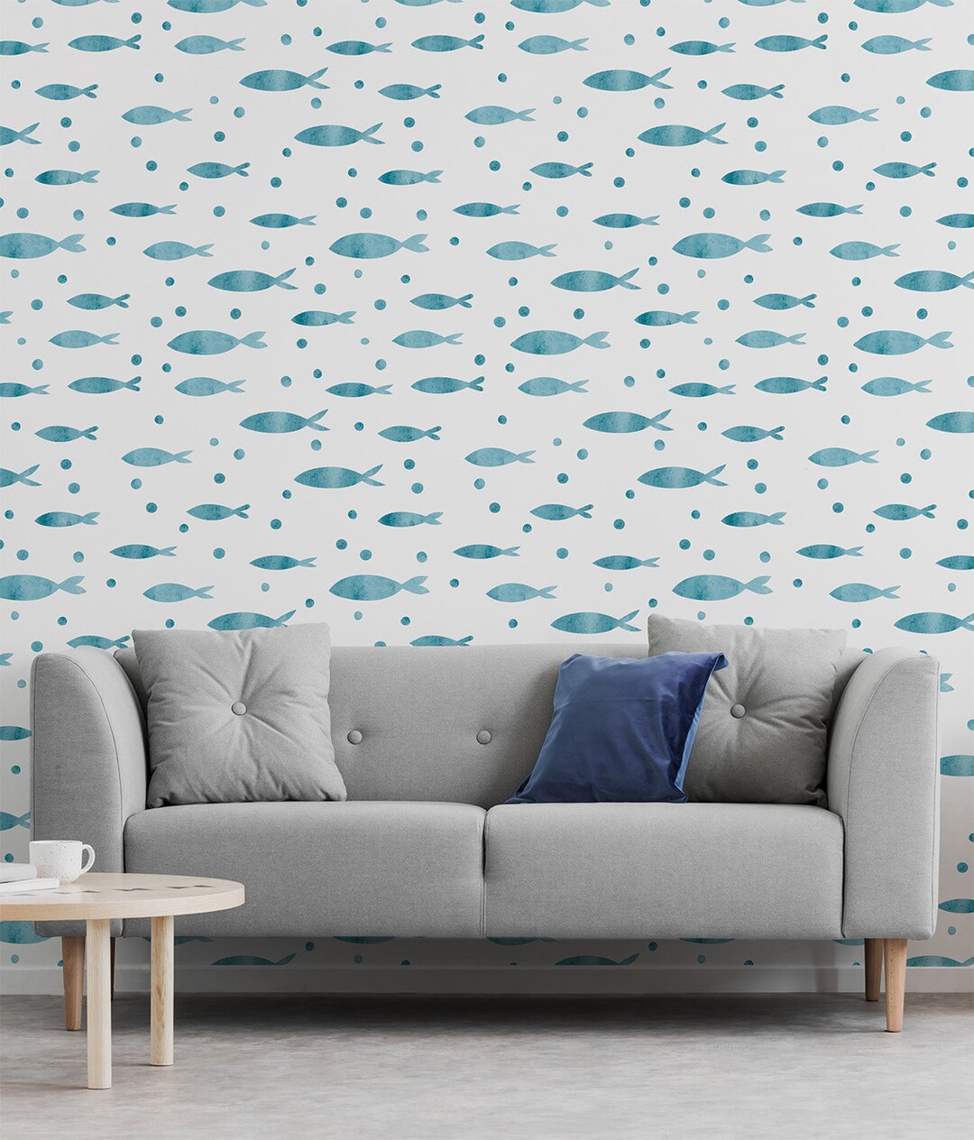 Blue Watercolor Fish Wallpaper, Wall Mural, Self Adhesive (peel and ...
