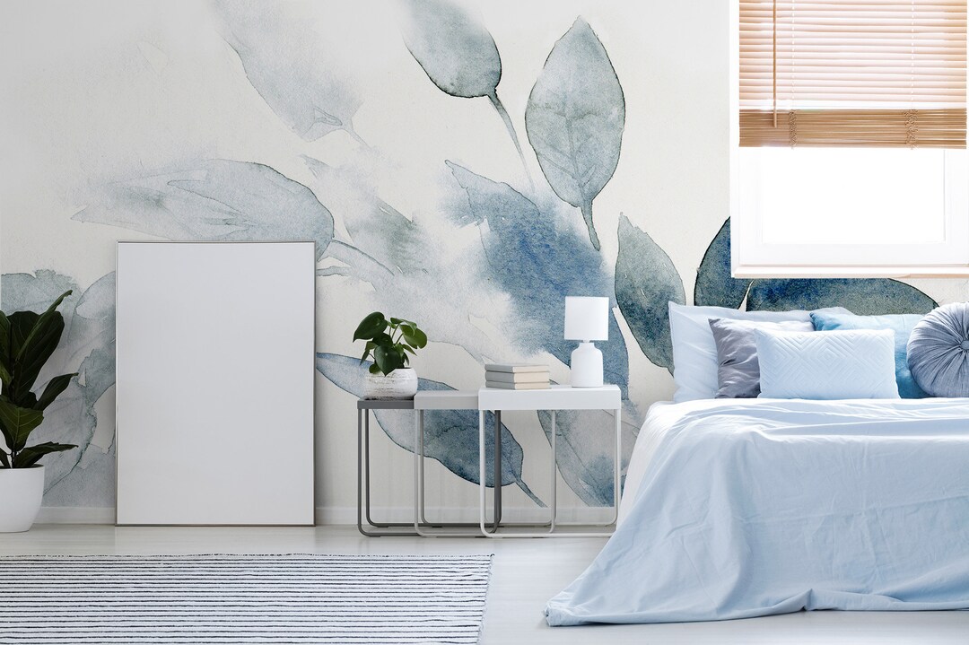 Watercolor Wallpaper With Blue Leaf, Wall Mural, Removable, Self ...