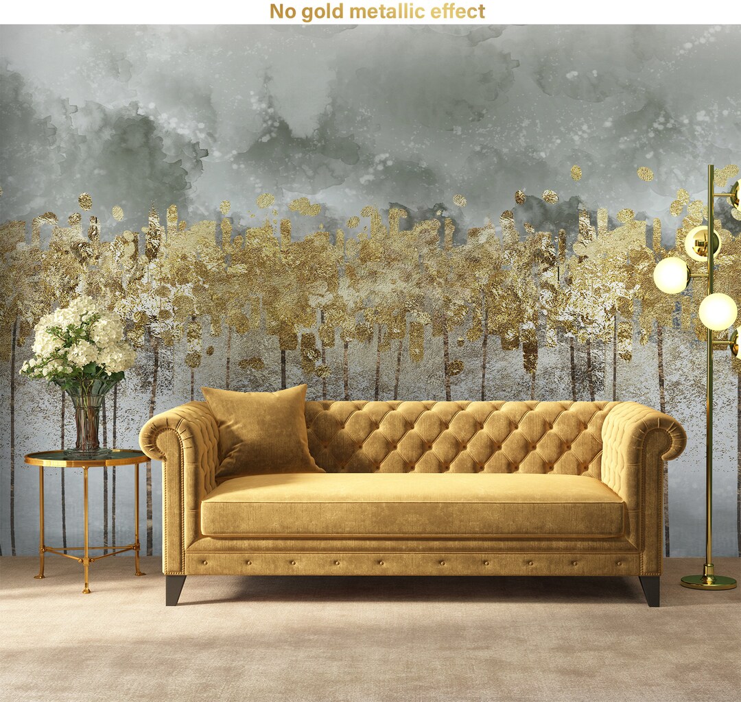 Abstract Luxury Wallpaper, Gray and Matte Gold Wall Mural, Self ...