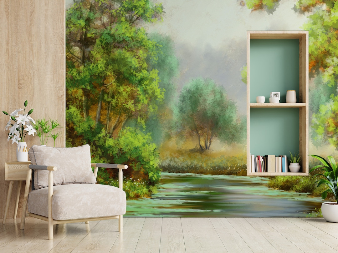 Green Nature Wallpaper, Trees and River Wallpaper, Wall Mural, Self ...