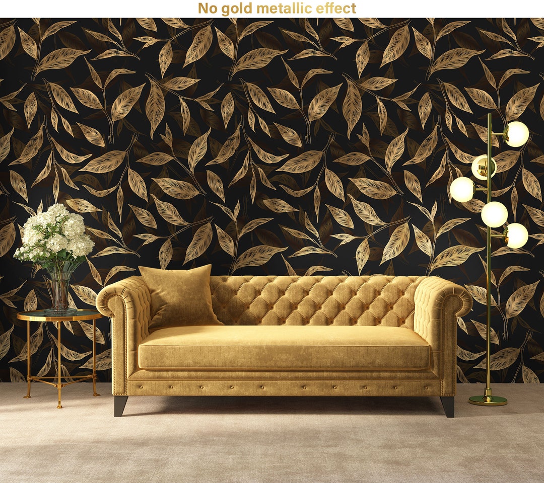 Wallpaper With Yellow Matte Leaves and Branches, Wall Mural, Removable ...