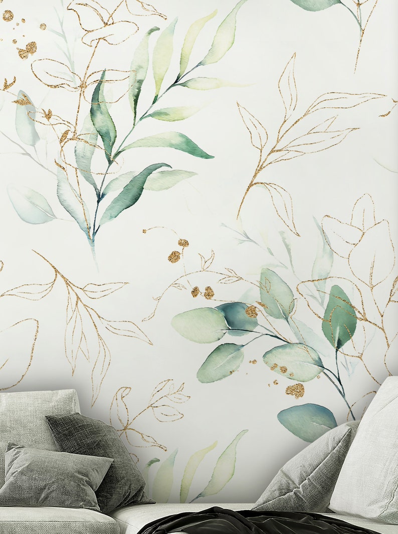 Mooi licht groen en goud behang met aquarel bladeren muur | Etsy