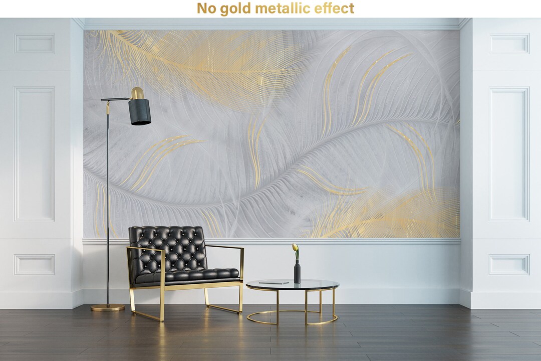 White Feathers With Matte Golden Lines Wallpaper, Wall Mural, Removable ...