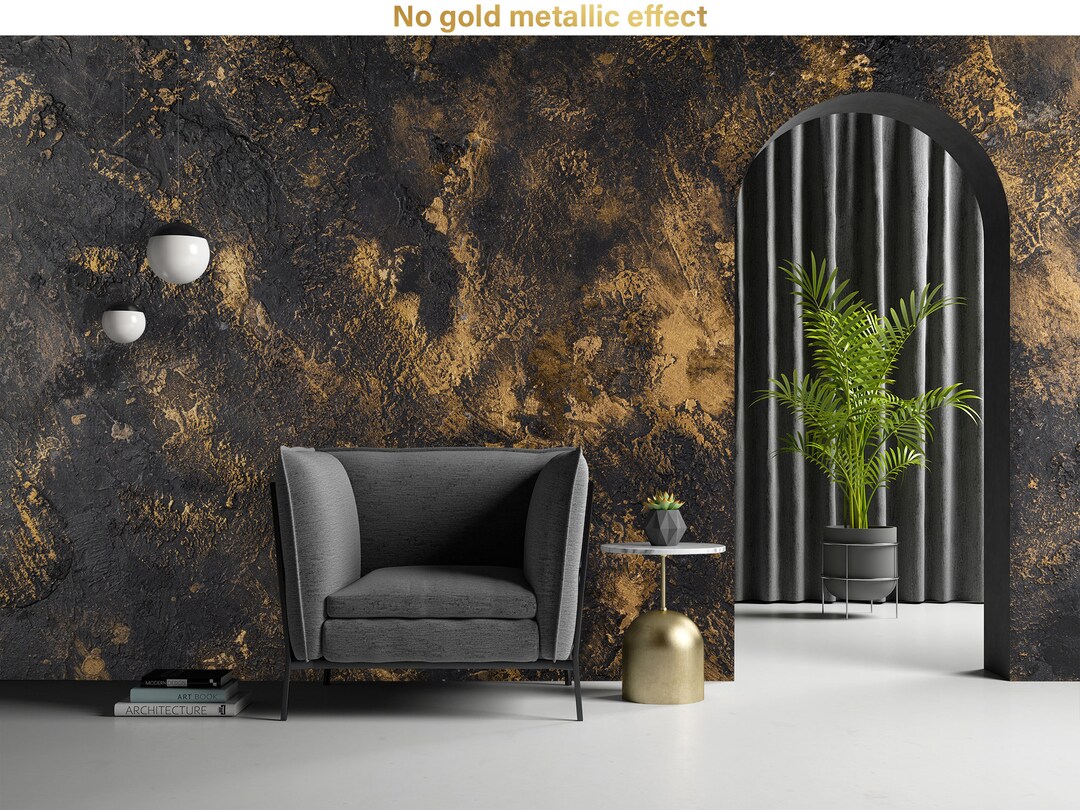 Scratched Wallpaper, Black and Matte Gold Grunge, Wall Mural, Removable ...