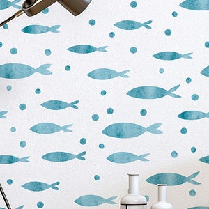 Blue Watercolor Fish Wallpaper, Wall Mural, Self Adhesive (peel and ...
