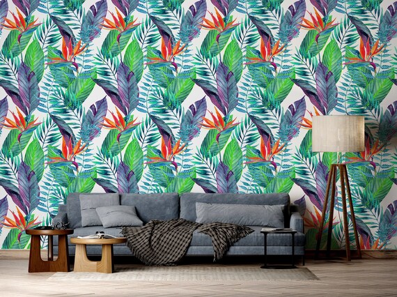 Colorful Exotic Wallpaper With Green and Blue Leaves and | Etsy